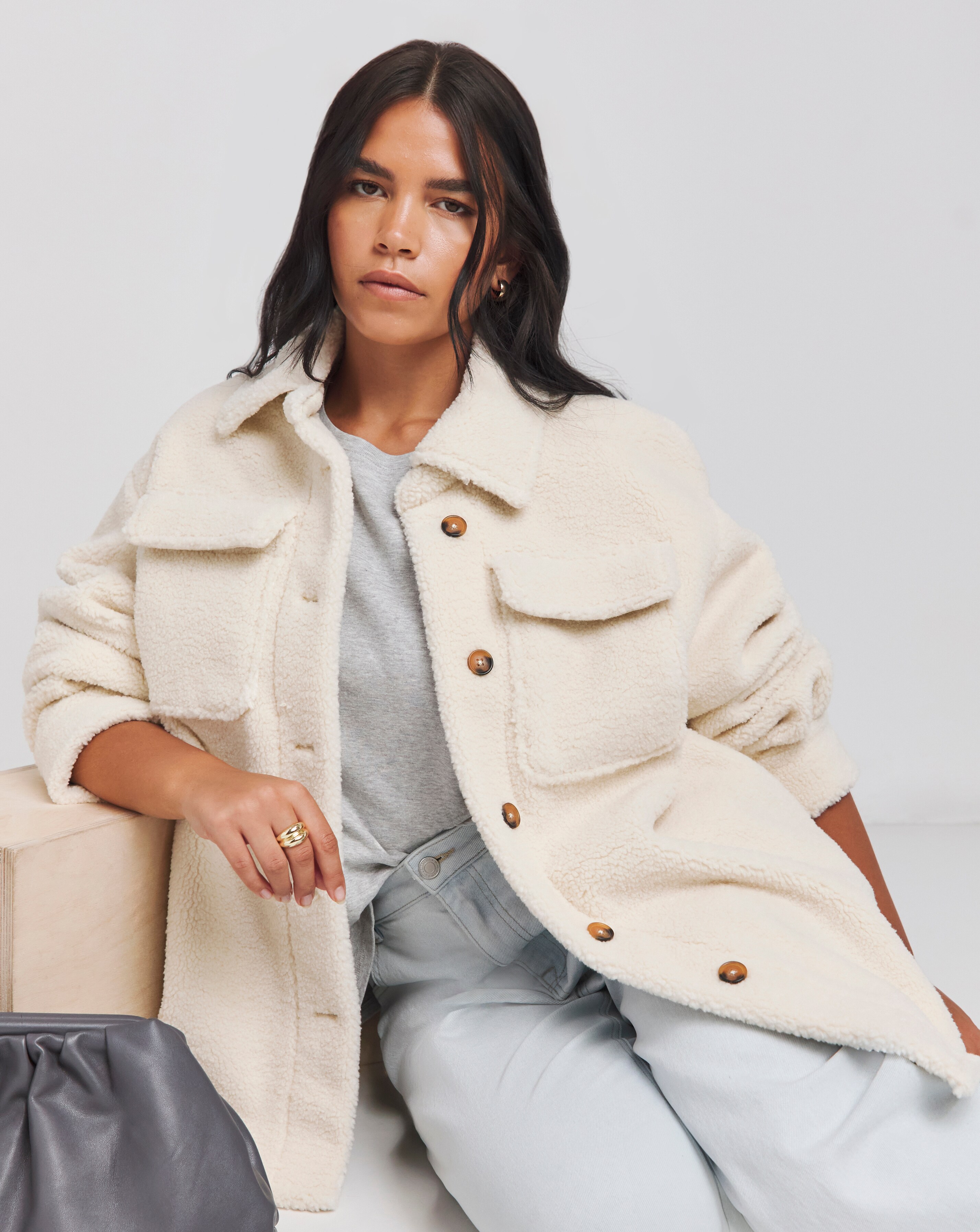 Off White Oversized Teddy Shacket | Simply Be