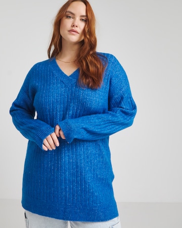 Blue Slouchy V Neck Ribbed Longline Jumper | Simply Be