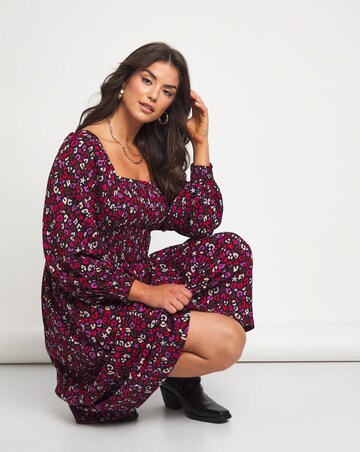 Emma Mattinson Animal Print Long Sleeve Waffle Shirred Square Neck Midi ...