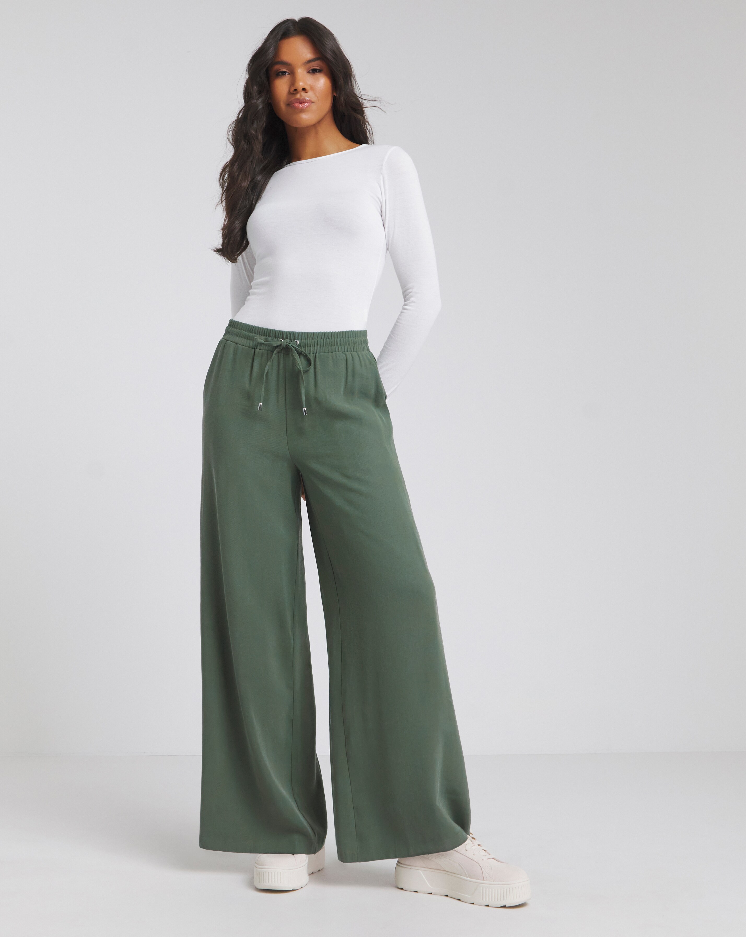 Green Premium Tie Waist Wide Leg Trousers | Simply Be