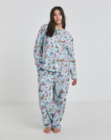 Chelsea Peers Jersey Cats Tea Party Print Crew Pyjama Set | Simply Be
