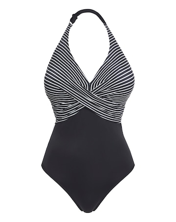 Figleaves Tailor Halter Twist Front Tummy Control Stripe Swimsuit ...