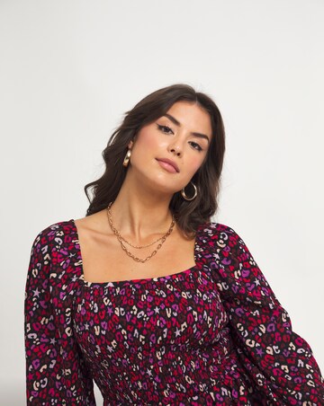 Emma Mattinson Animal Print Long Sleeve Waffle Shirred Square Neck Midi ...