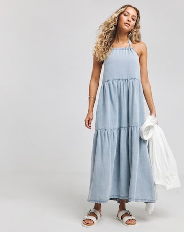 Light Wash Blue Halter Tiered Maxi Dress with Tencel TM Lyocell | Simply Be