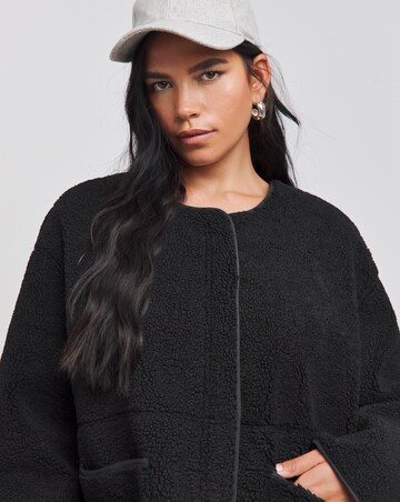 Black Round Neck Zip Through Borg Jacket | Simply Be