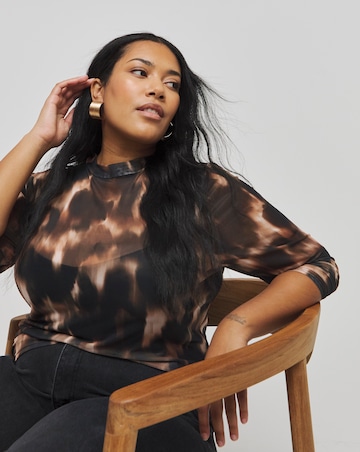 Tortoiseshell Print High Neck Mesh Top | Simply Be