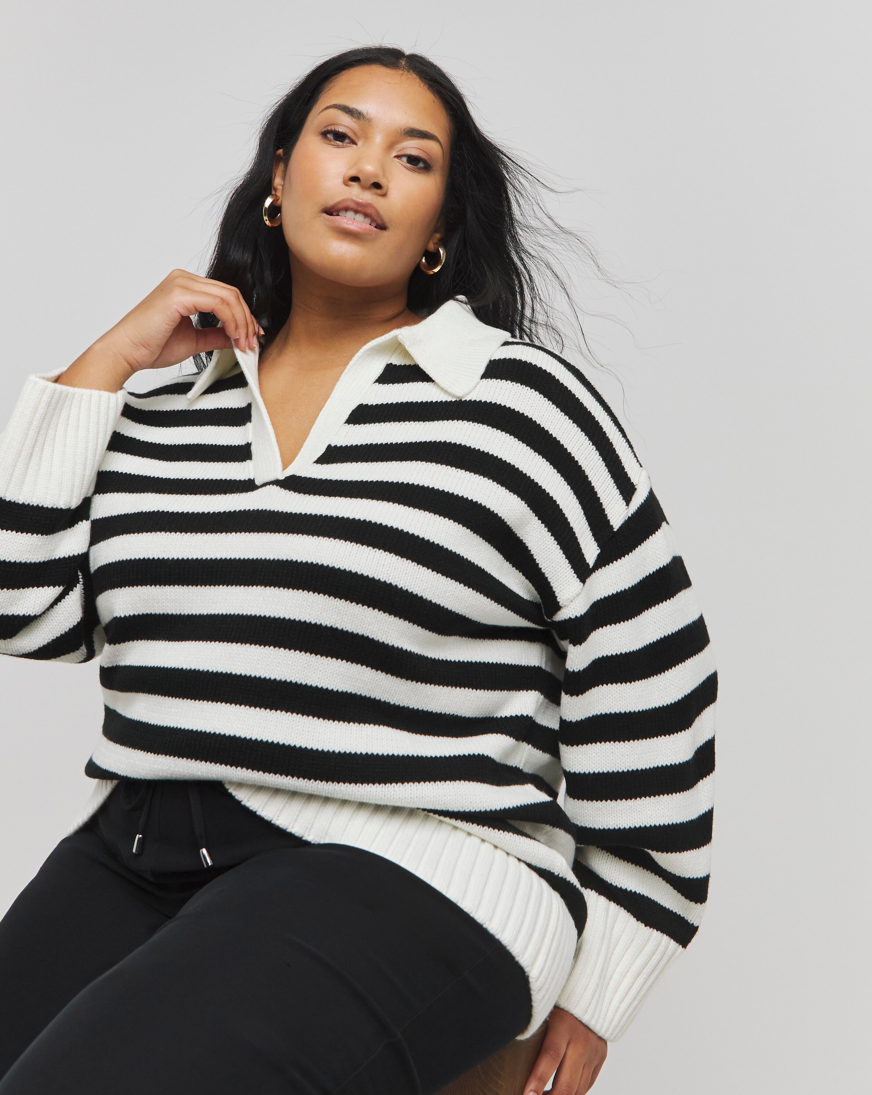 Mono Stripe Collar Detail Jumper | Simply Be