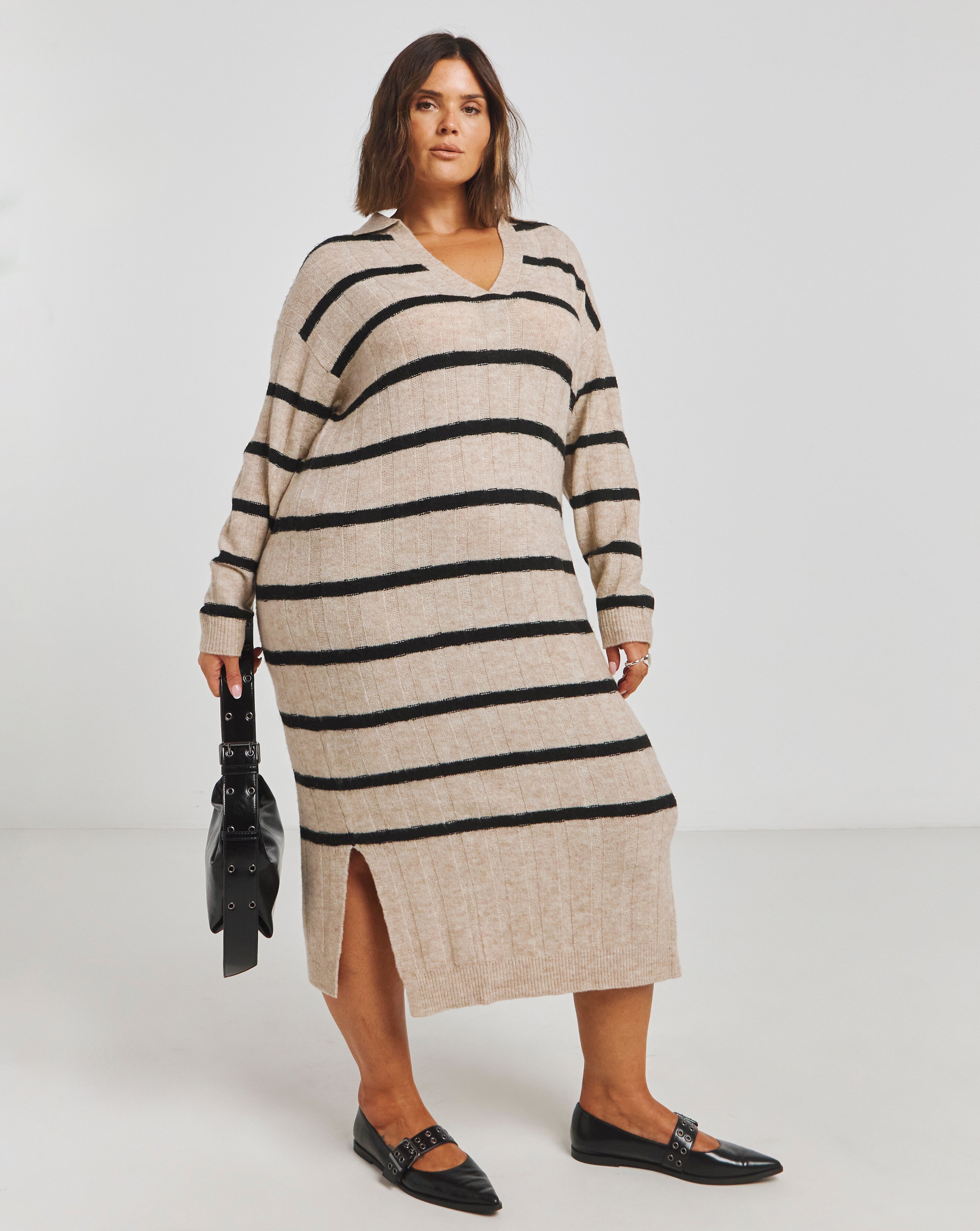 Oatmeal Stripe Rib Collar Knitted Midaxi Dress | Simply Be
