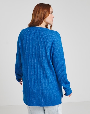 Blue Slouchy V Neck Ribbed Longline Jumper | Simply Be