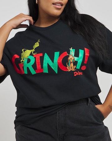 Black The Grinch License T-Shirt with Glitter | Simply Be