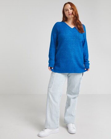 Blue Slouchy V Neck Ribbed Longline Jumper | Simply Be
