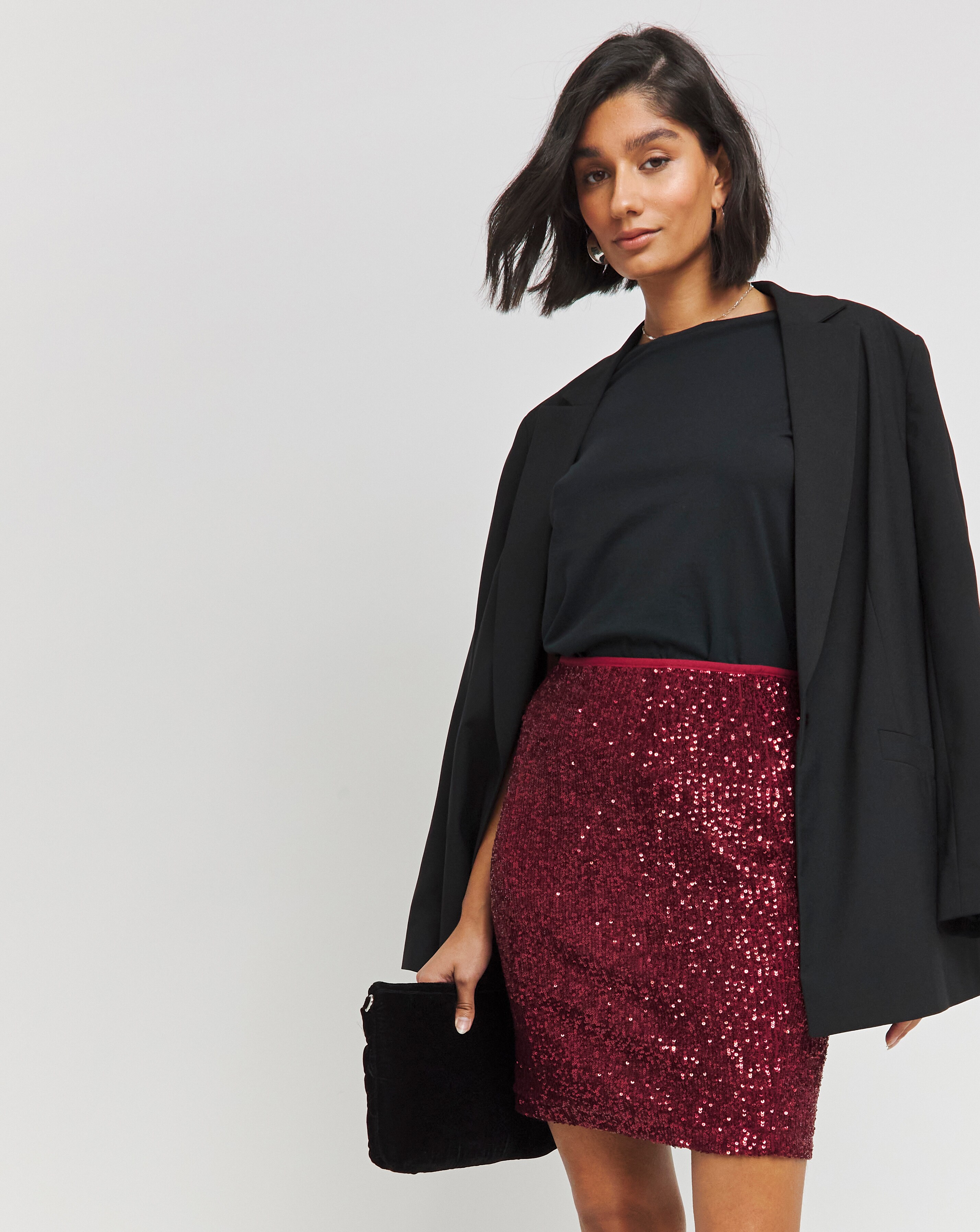 Burgundy Stretch Sequin Mini Skirt Simply Be