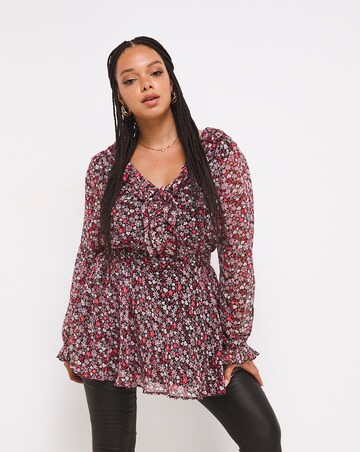 Black Floral Chiffon Ruffle Front V-Neck Long Sleeve Smock Blouse ...