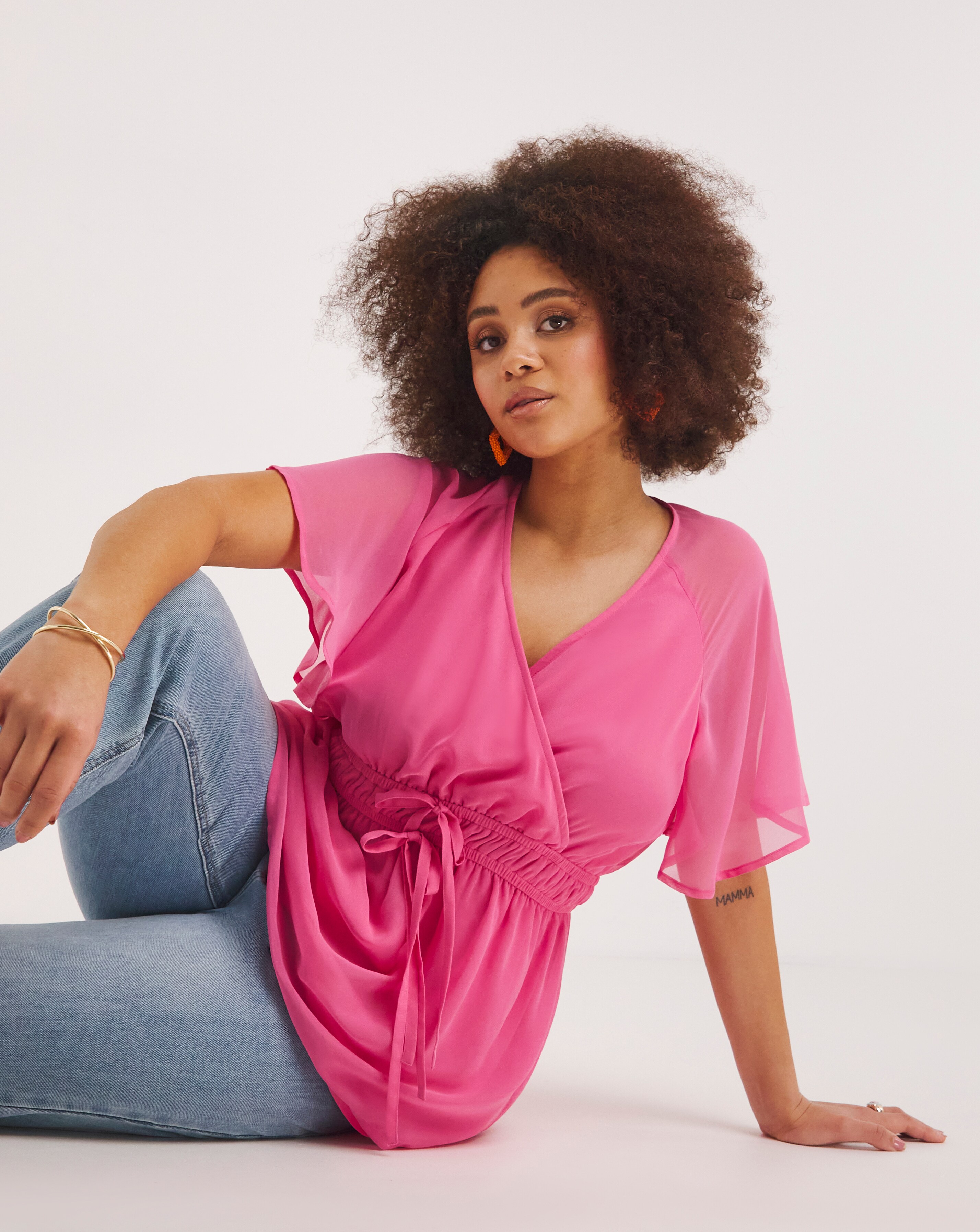 Pink Georgette Blouse With Angel Sleeve and Waist Detail | Simply Be