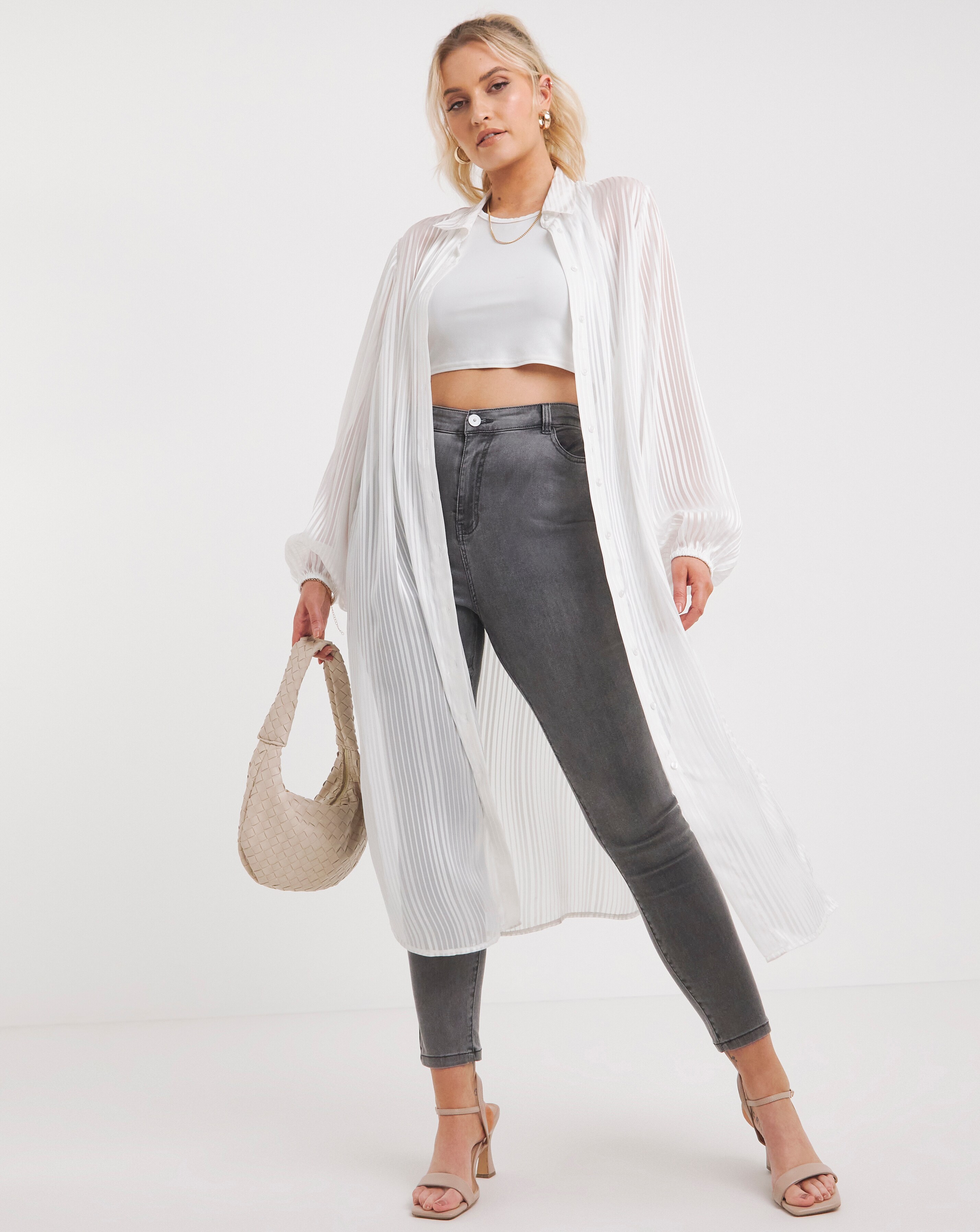 White Sheer Longline Striped Shirt | Simply Be