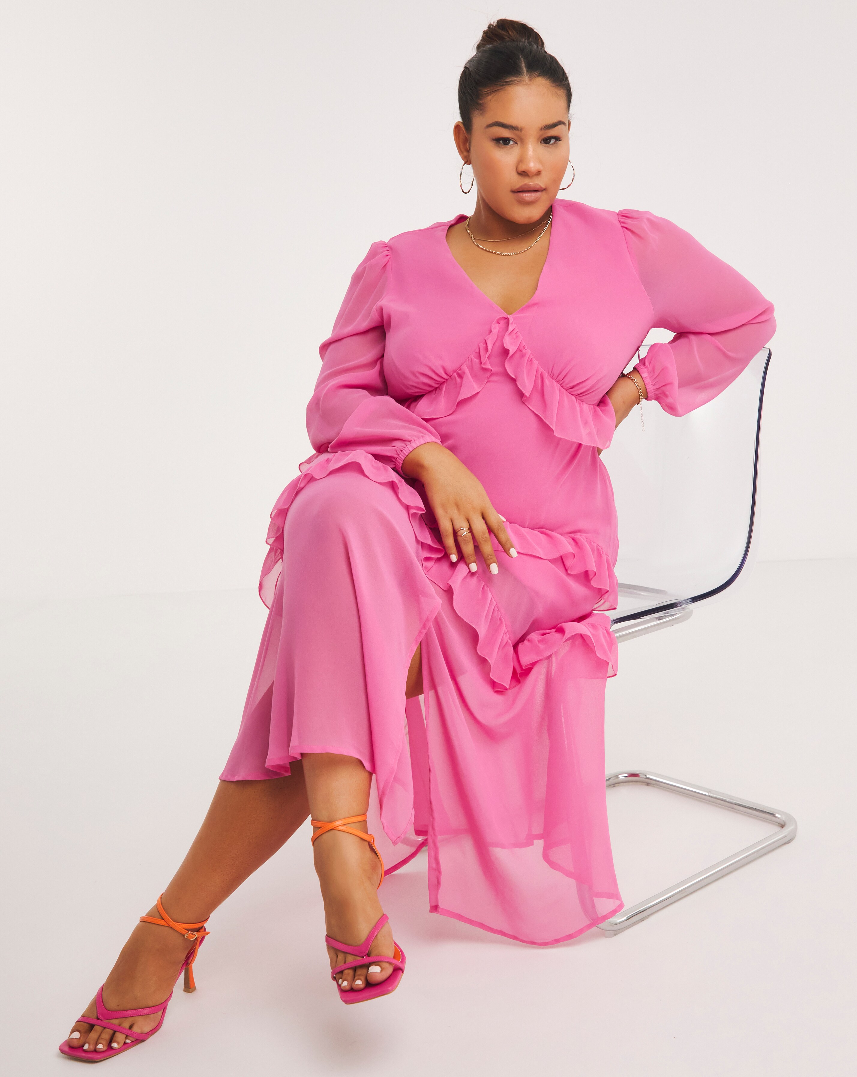 Boutique Pink Long Sleeve Frill Tiered Maxi Dress | Simply Be