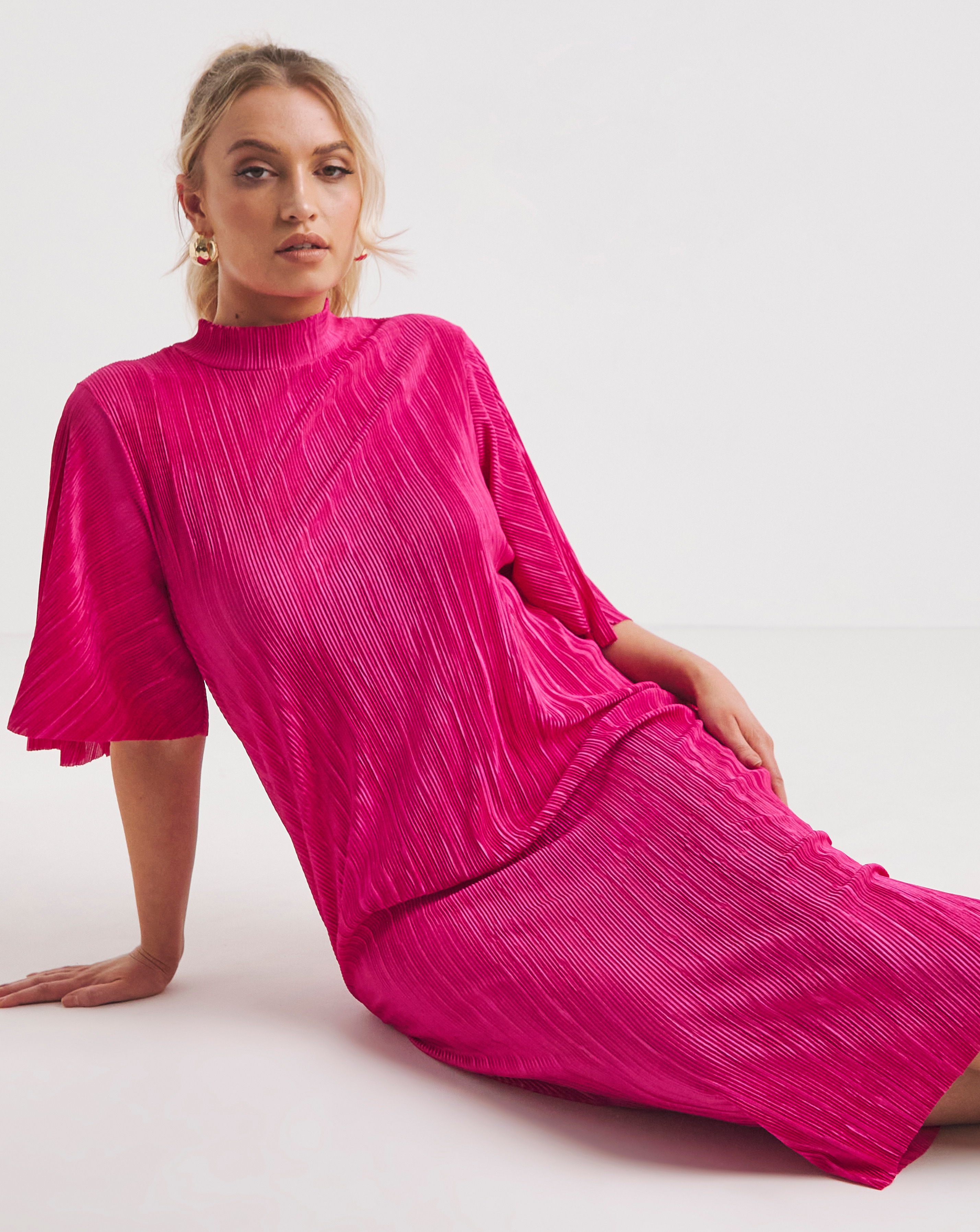 Pink Plisse Midi Dress With Angel Sleeves | Simply Be