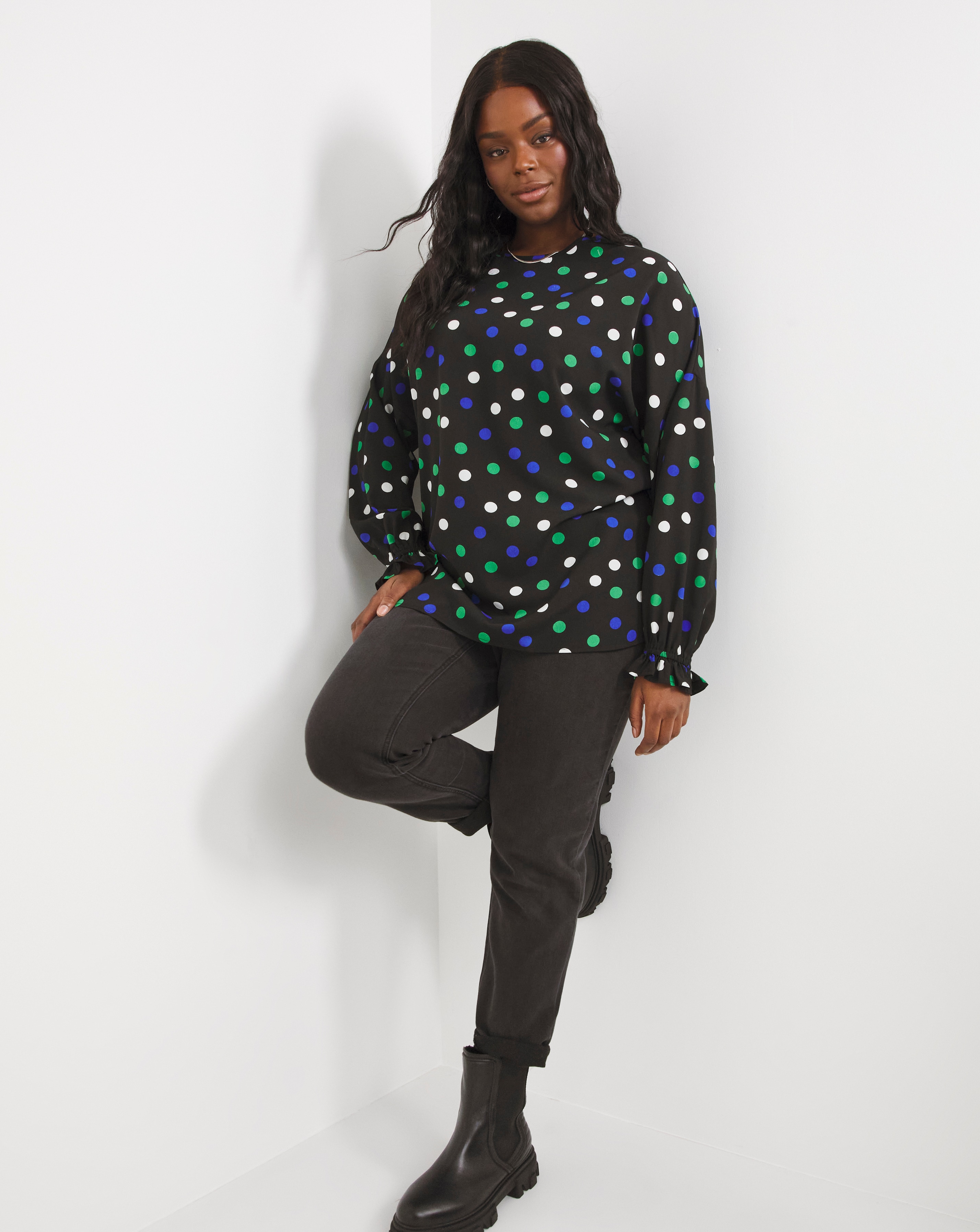 Spot Printed Longline Boxy Blouse | Simply Be