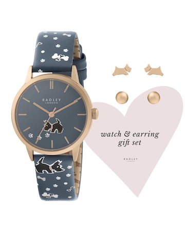 Radley Ladies Blue Print Strap Watch & 18ct Rose Gold Plated Twin ...