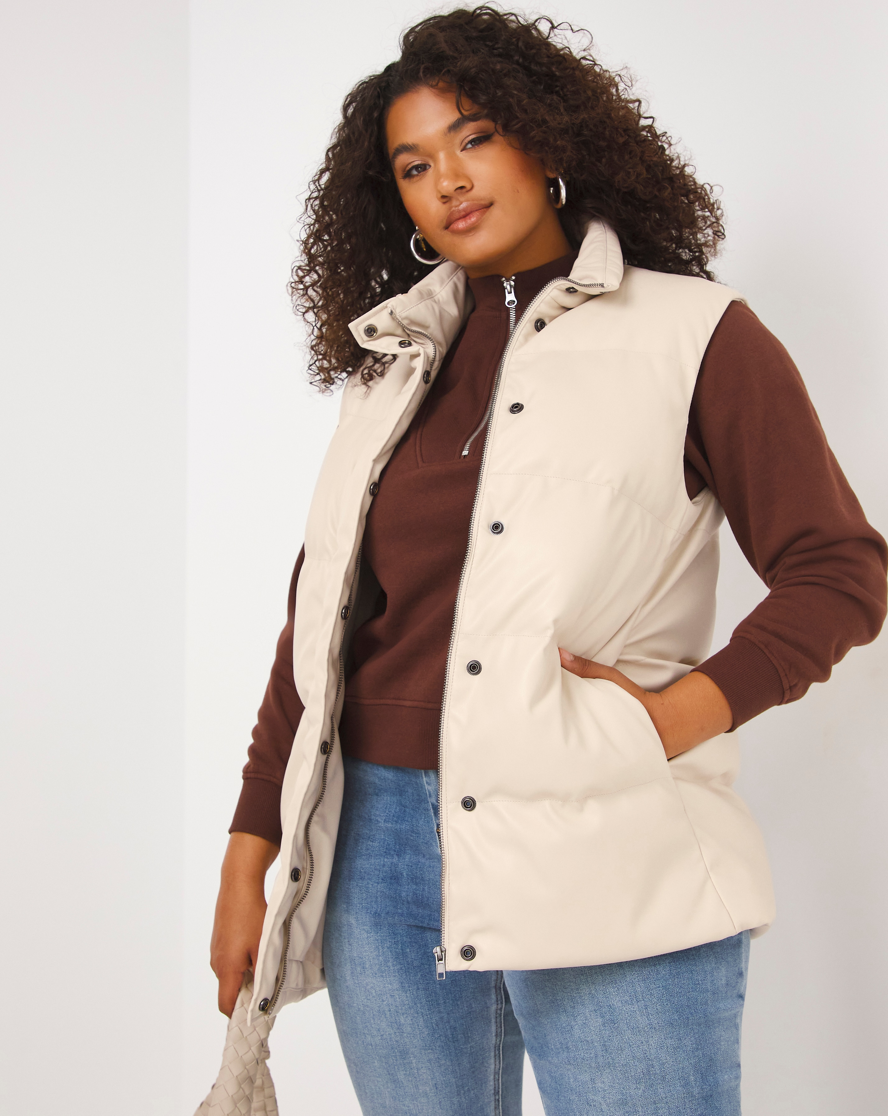 Ecru Padded PU Puffer Gilet | Simply Be