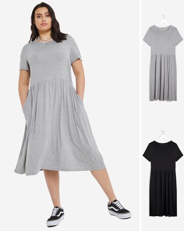 2 Pack Black/Grey Marl Short Sleeve Smock Midi Dresses | Simply Be