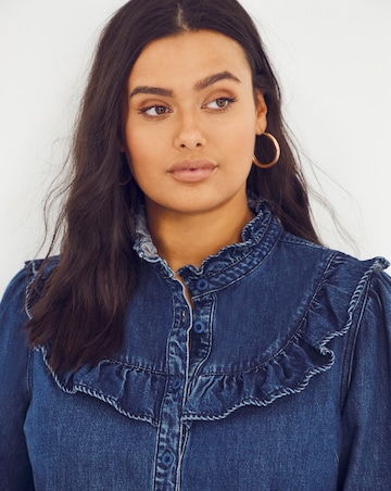 Vintage Blue High Neck Ruffle Denim Blouse | Simply Be